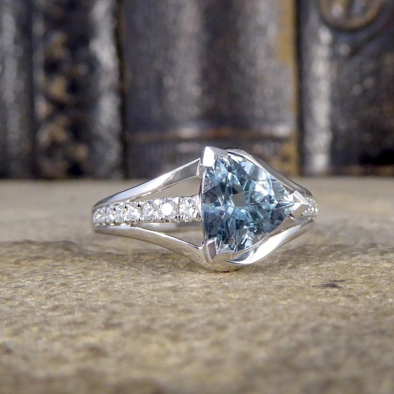 Aquamarine Trillion Cut and Diamond Set Three Strand Ring in 18 Carat ...
