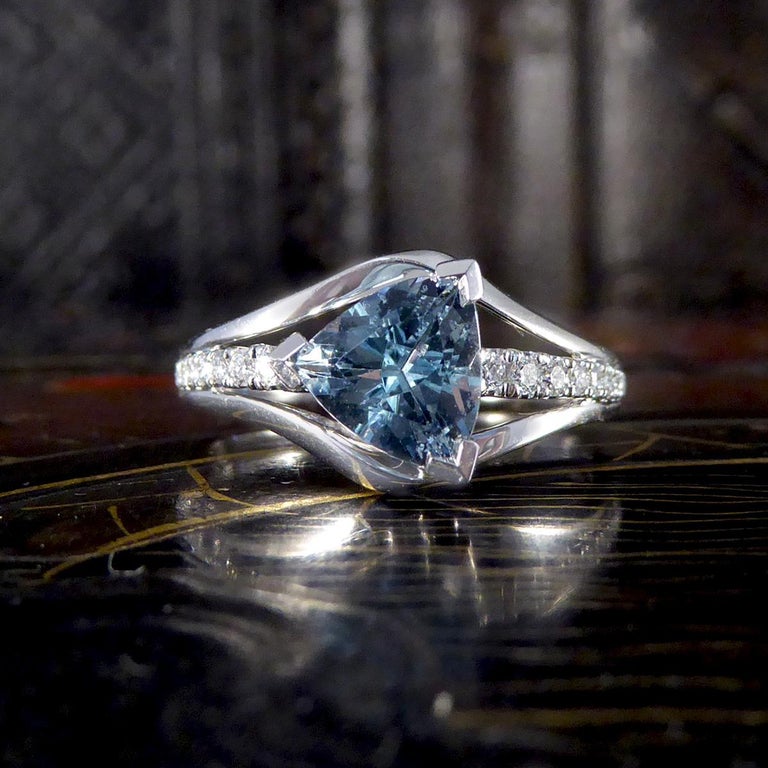 Aquamarine Trillion Cut and Diamond Set Three Strand Ring in 18 Carat ...