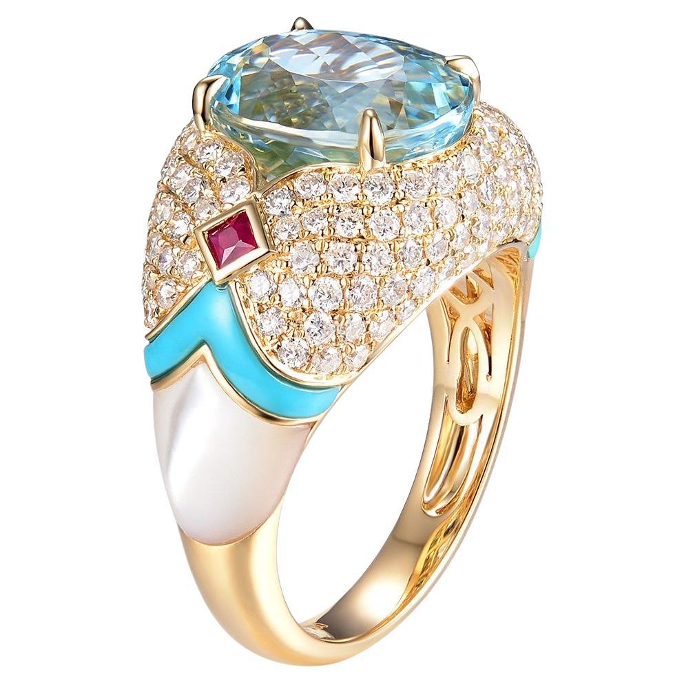 Tourmaline Turquoise Malachite Diamond Cocktail Ring in 18 Karat Yellow ...