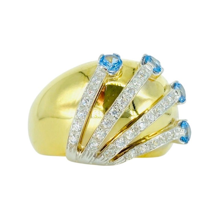 Aquamarine Water Splash Design 18k Gold Cocktail Cluster Wide Dome Ring ...