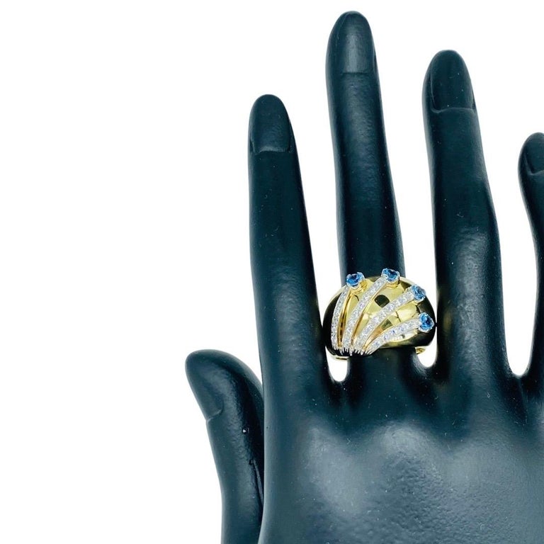 Aquamarine Water Splash Design 18k Gold Cocktail Cluster Wide Dome Ring ...