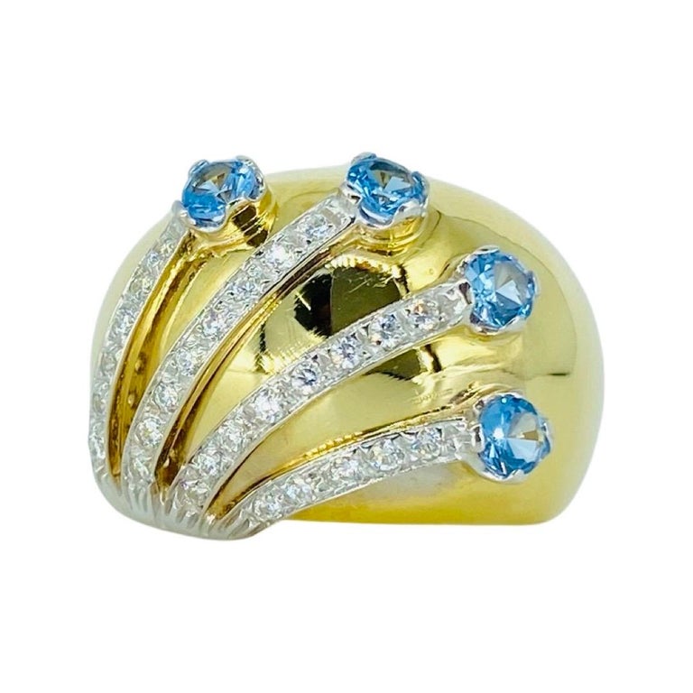 Aquamarine Water Splash Design 18k Gold Cocktail Cluster Wide Dome Ring ...