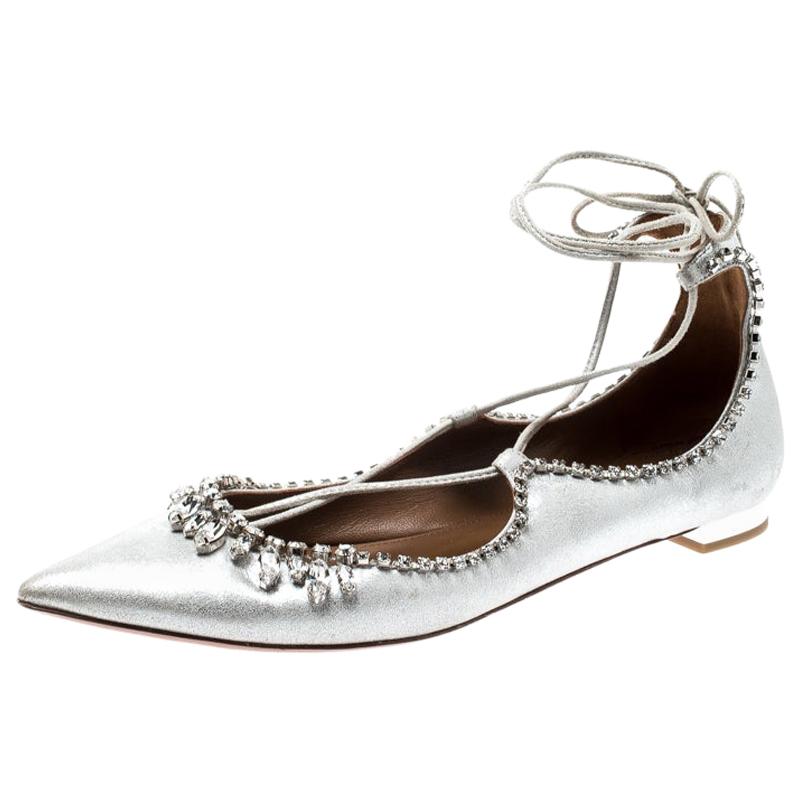 Aquazurra Metallic Silver Crystal Embellished Pointed Toe Ballet Flats ...