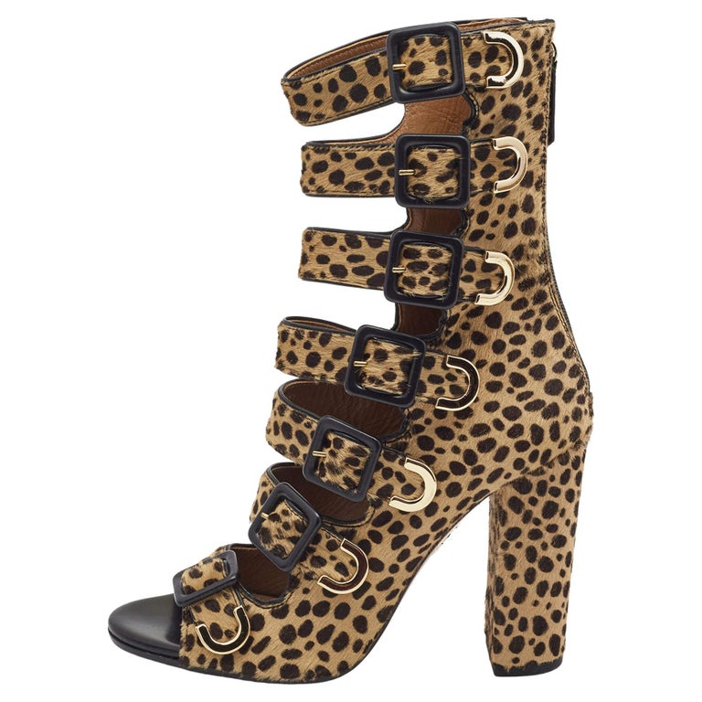 Aquazzura Beige/Brown Leopard Print Calf Hair Tutto Buckle Open Toe ...