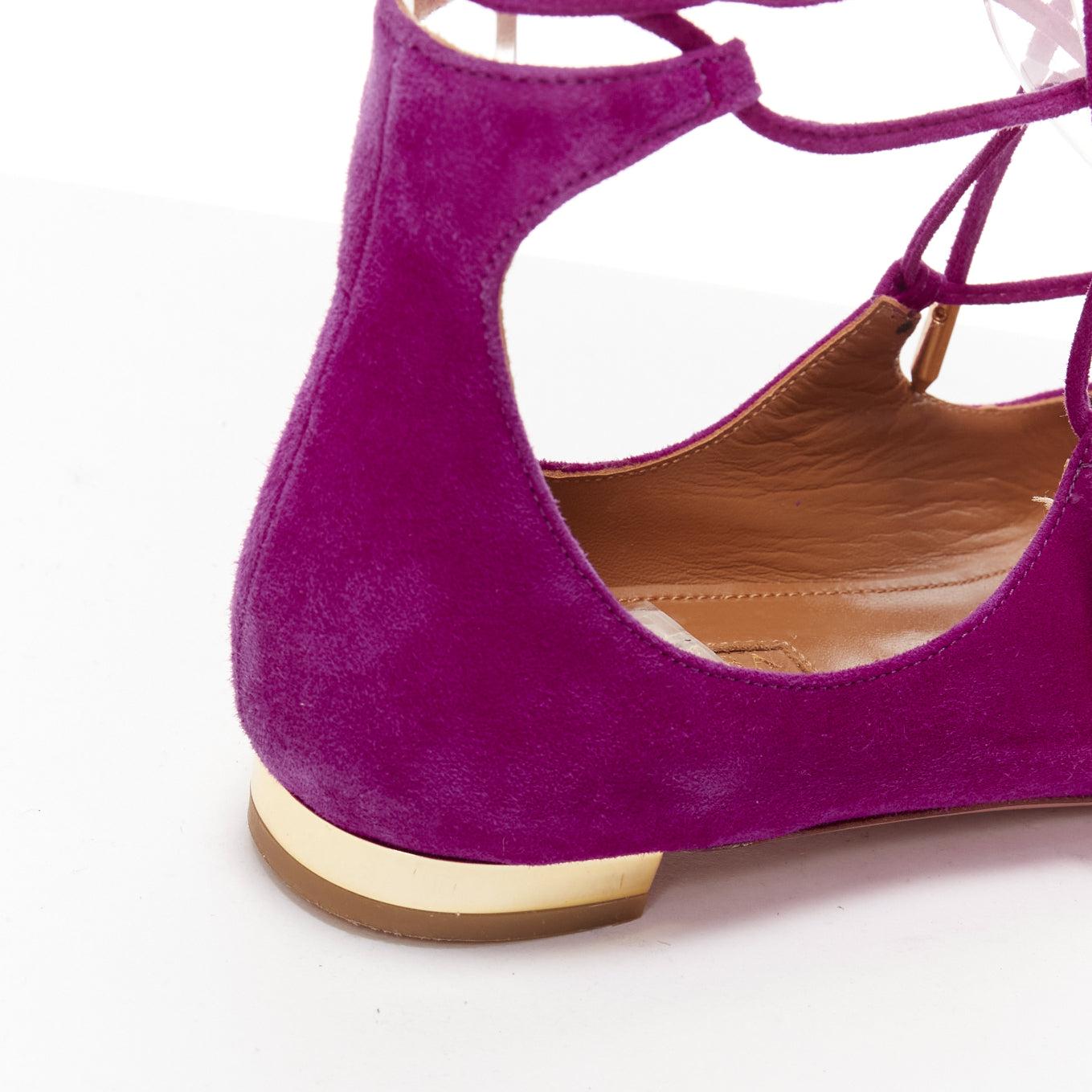 AQUAZZURA Belgravia purple suede leather pointy lace up gold heel flats ...