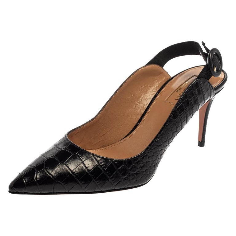 Aquazzura Black Croc Embossed Leather Yale Slingback Sandals Size 37 at ...