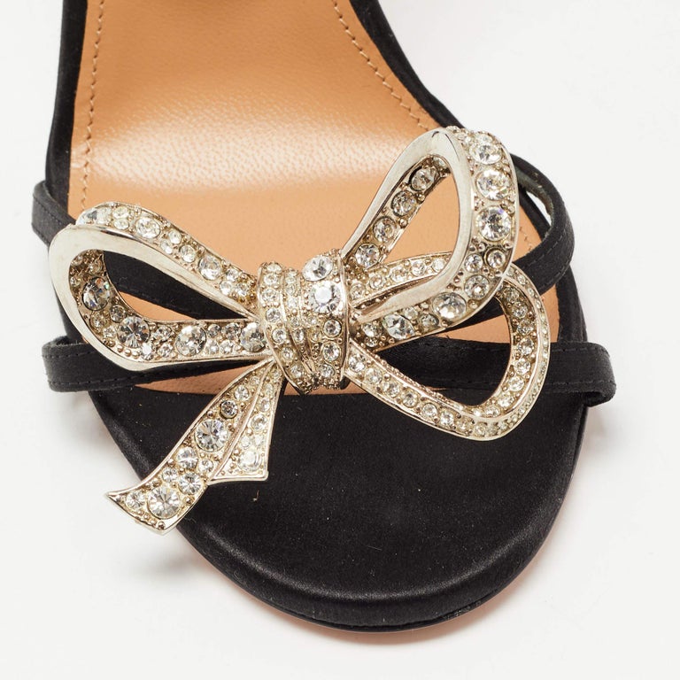 Aquazzura Black Satin Crystal Bow Embellished Babe Slingback Sandals ...