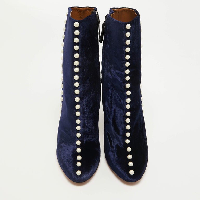 Aquazzura Blue Velvet Follie Pearls Ankle Length Boots Size 36.5 For ...