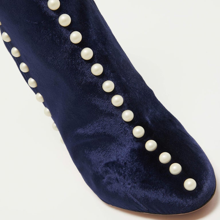 Aquazzura Blue Velvet Follie Pearls Ankle Length Boots Size 36.5 For ...