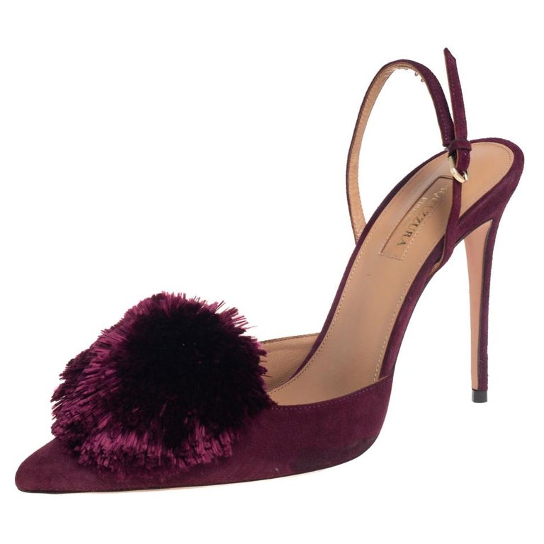 Aquazzura Burgundy Suede Powder Puff Pointed Toe Slingback Sandals Size ...