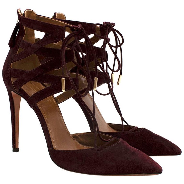 Aquazzura Burgundy Suede Strappy Lace-up Sandals 37.5 at 1stDibs