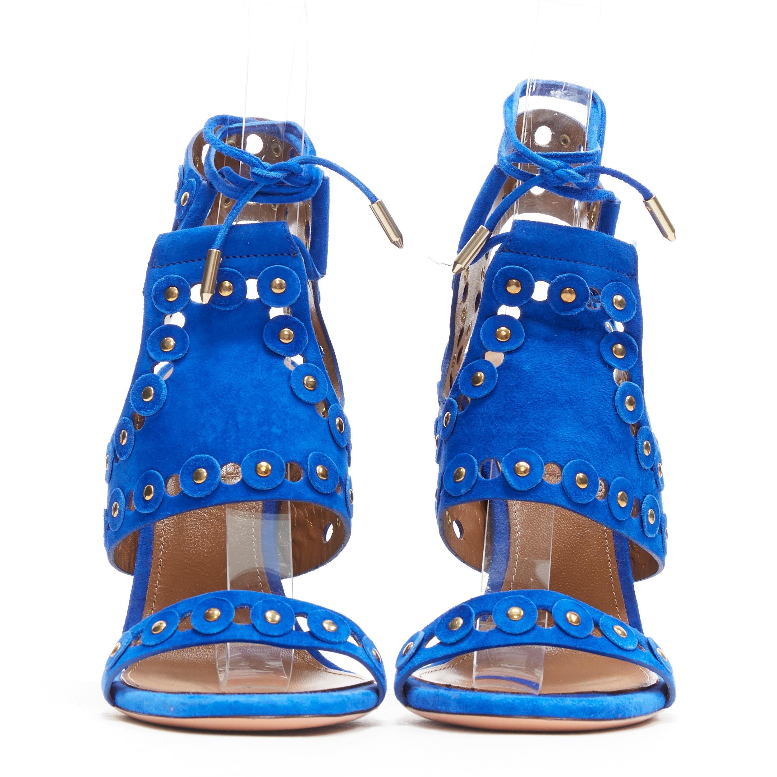 AQUAZZURA cobalt blue suede gold studded lace tie high heel sandals ...