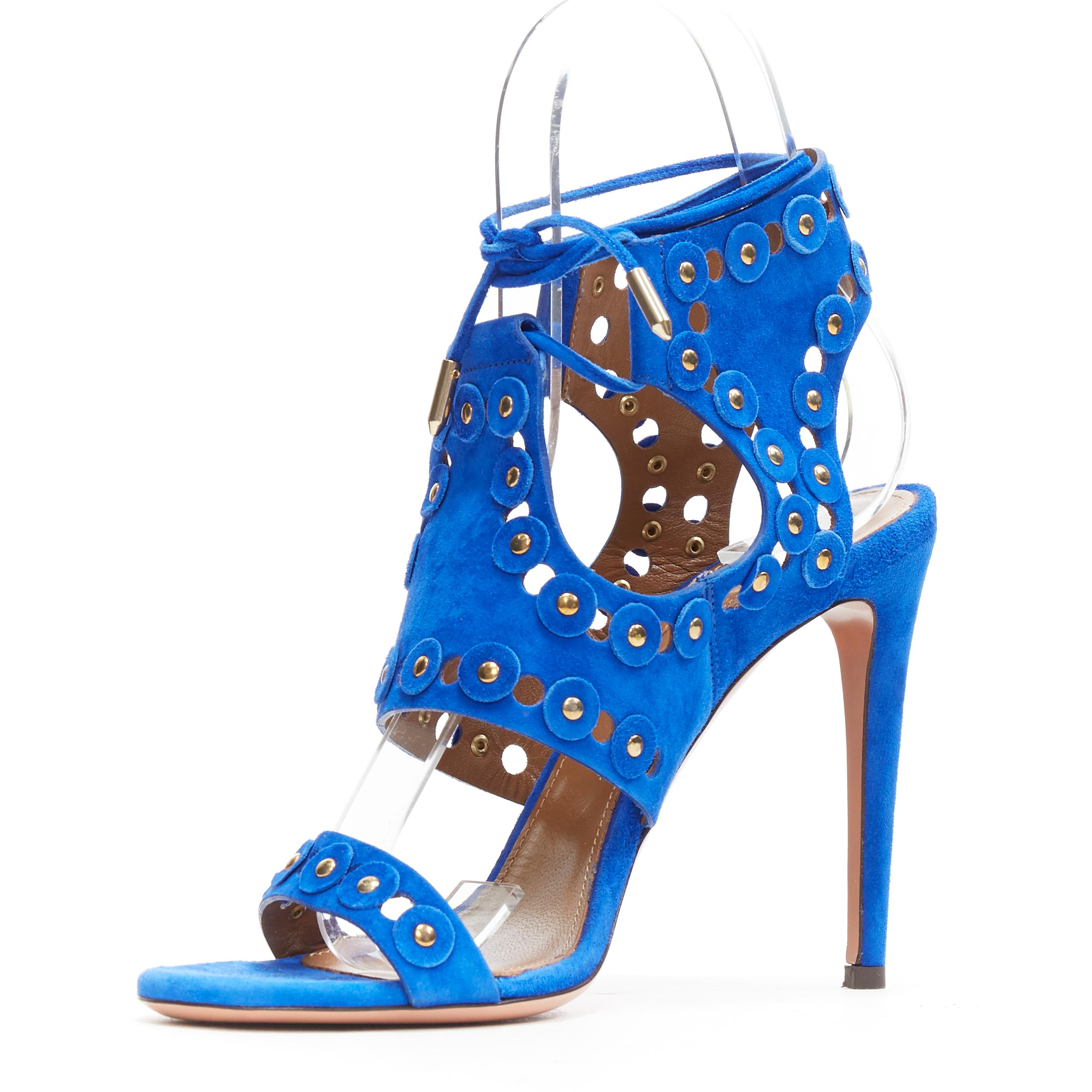 AQUAZZURA cobalt blue suede gold studded lace tie high heel sandals ...