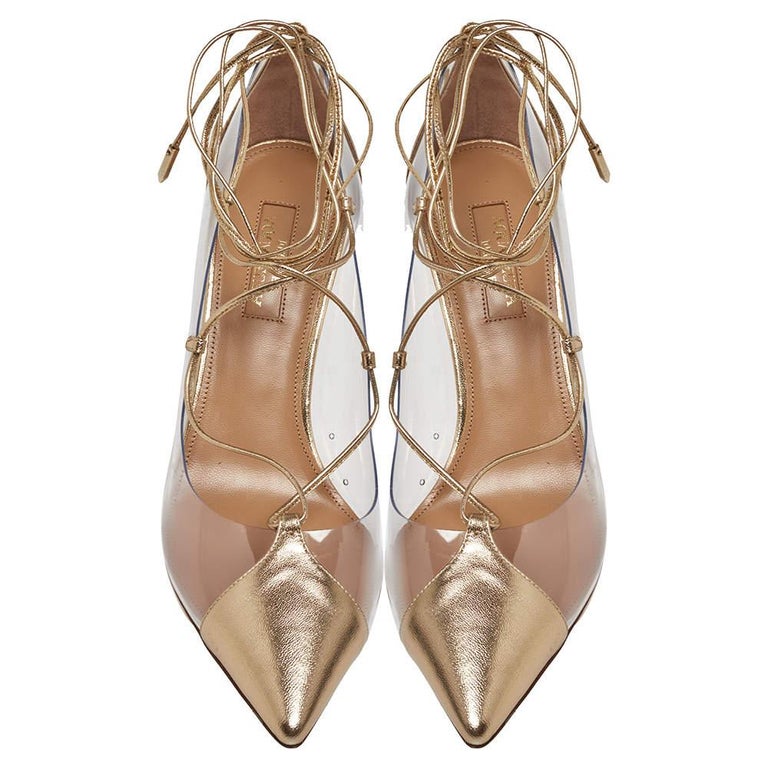 Aquazzura Gold Leather And PVC Lace Up Pumps Size 38.5 For Sale at 1stDibs