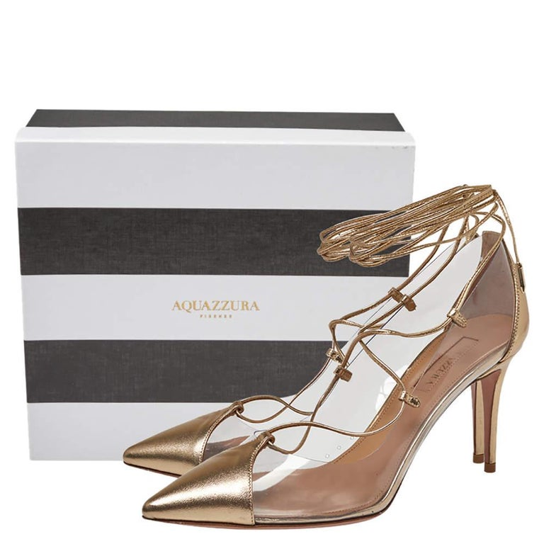 Aquazzura Gold Leather And PVC Lace Up Pumps Size 38.5 For Sale at 1stDibs