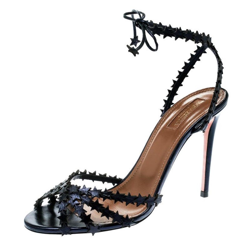 Aquazzura Metallic Blue Leather Starlight Ankle Strap Open Toe Sandals ...