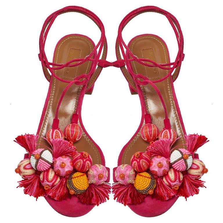 Aquazzura Paradise Pink Suede Tropicana Tasseled Beaded Ankle Sandals ...