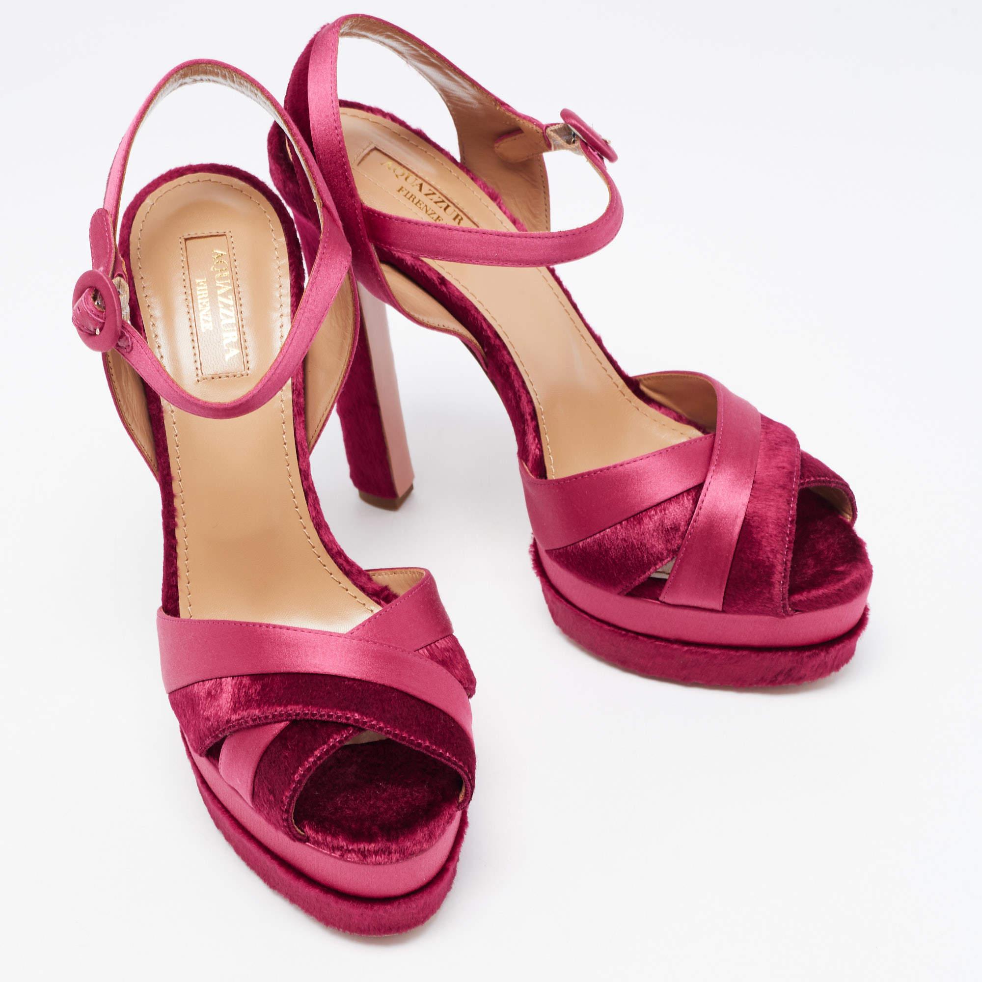 Aquazzura Pink/Burgundy Satin And Velvet Coquette Platform Ankle Strap ...