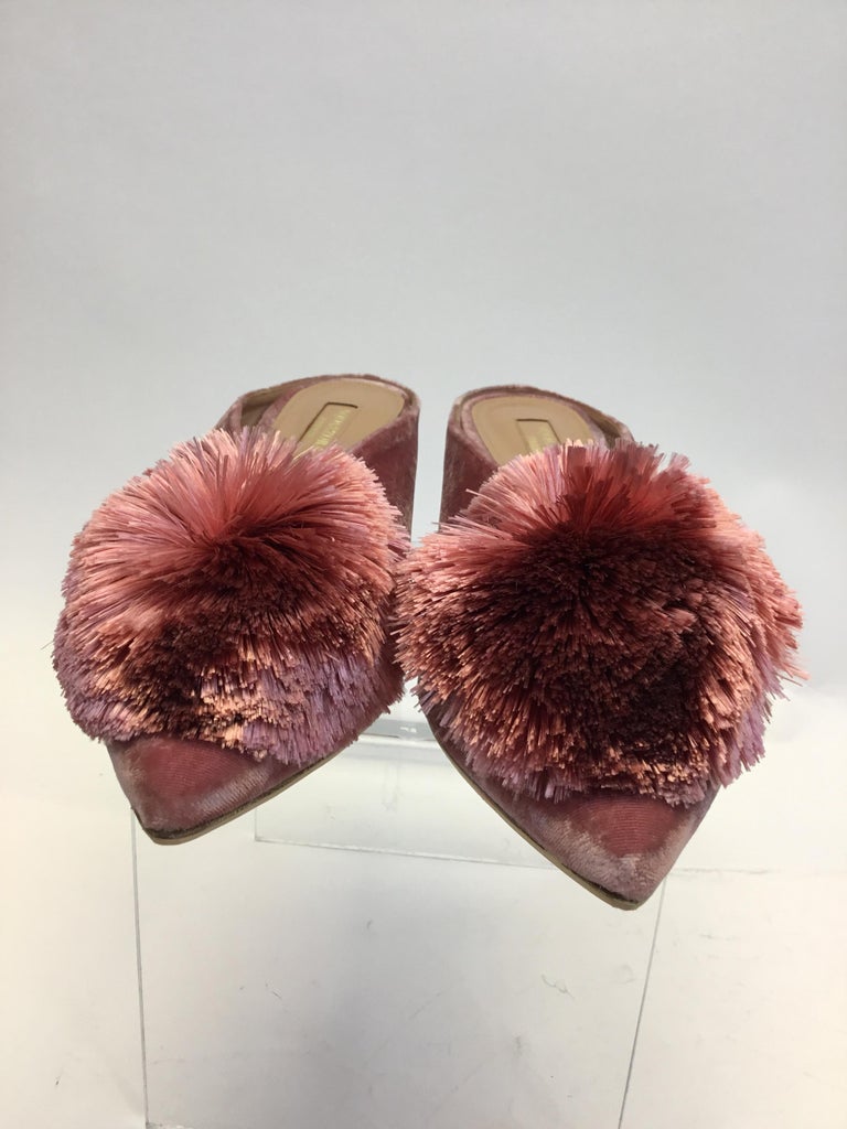 Aquazzura Pink Velvet Pom Pom Slides For Sale at 1stDibs