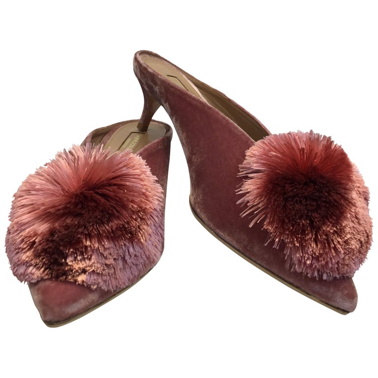 Aquazzura Pink Velvet Pom Pom Slides For Sale at 1stDibs