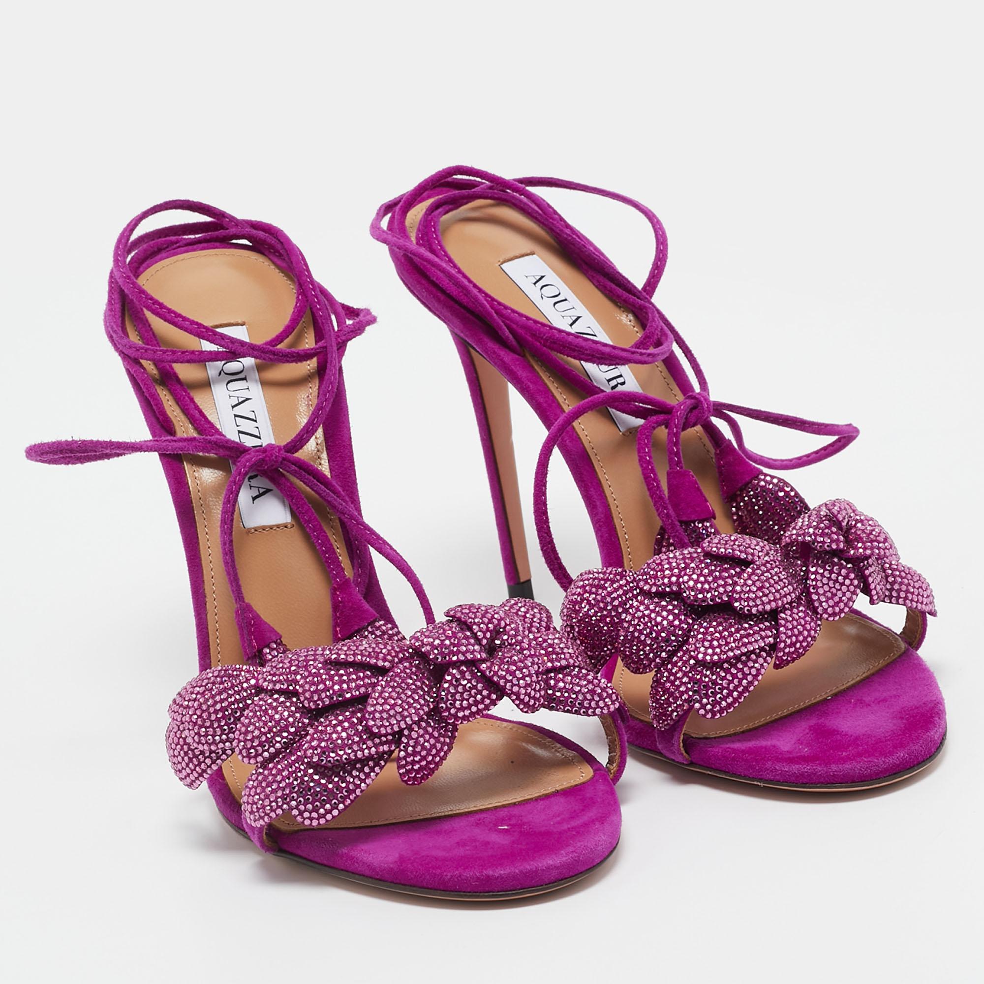 Aquazzura Purple Suede Monaco Embellished Ankle Wrap Sandals Size 38.5 ...