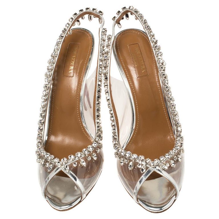 Aquazzura Silver PVC And Leather Temptation Crystal Sandals Size 40 at ...