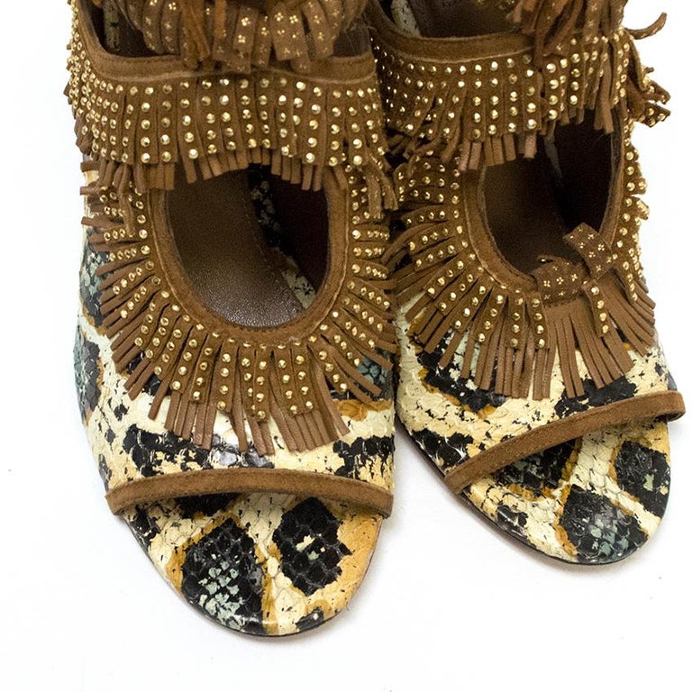 Aquazzura Snake Print Fringe Peep Toe Shoes - Size EU 39 at 1stDibs