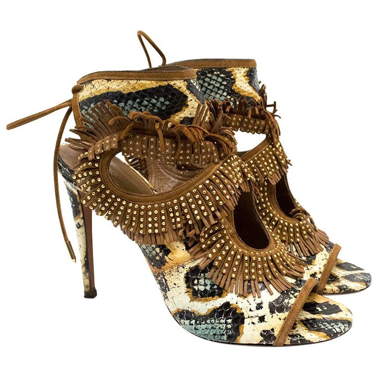 Aquazzura Snake Print Fringe Peep Toe Shoes - Size EU 39 at 1stDibs