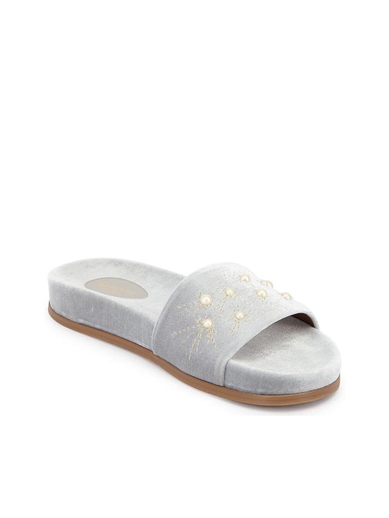 Aquazzura Women's Grey Velvet Pearl Embossed Slides For Sale at 1stDibs