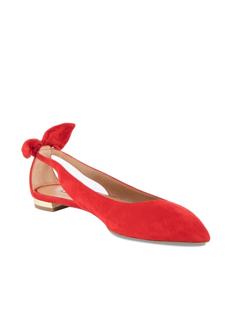 Aquazzura Women's Red Bow Accent Pointed Toe Suede Flats For Sale at ...