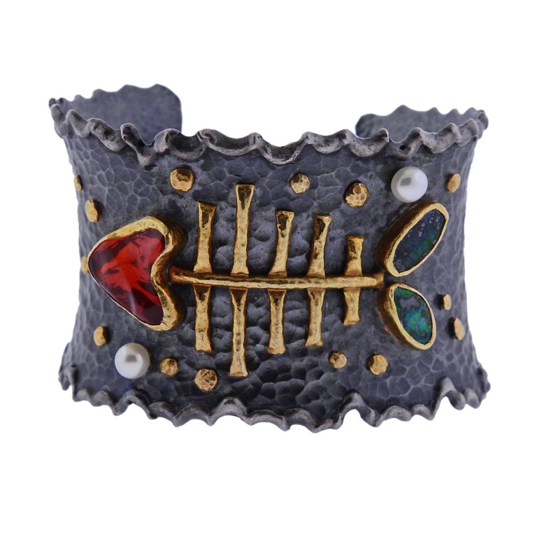 Ara Gold Oxidized Silver Opal Pearl Fish Bone Cuff Bracelet at 1stDibs