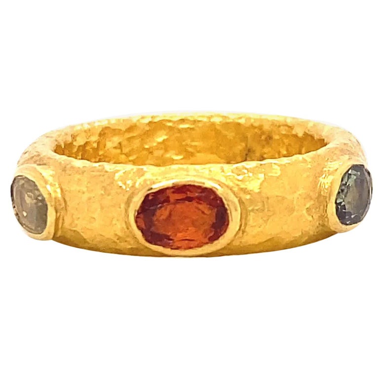 ARA985 Hand Made Sapphire 24 Karat Yellow Gold Textured Band For Sale ...