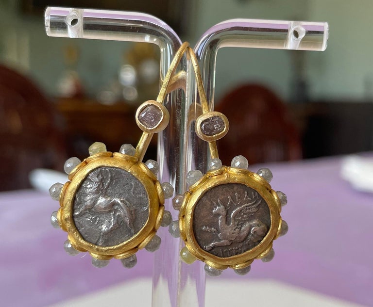 Archaic Greek Coins Diamonds 22k 21k Gold Dangle Drop Earrings For Sale ...