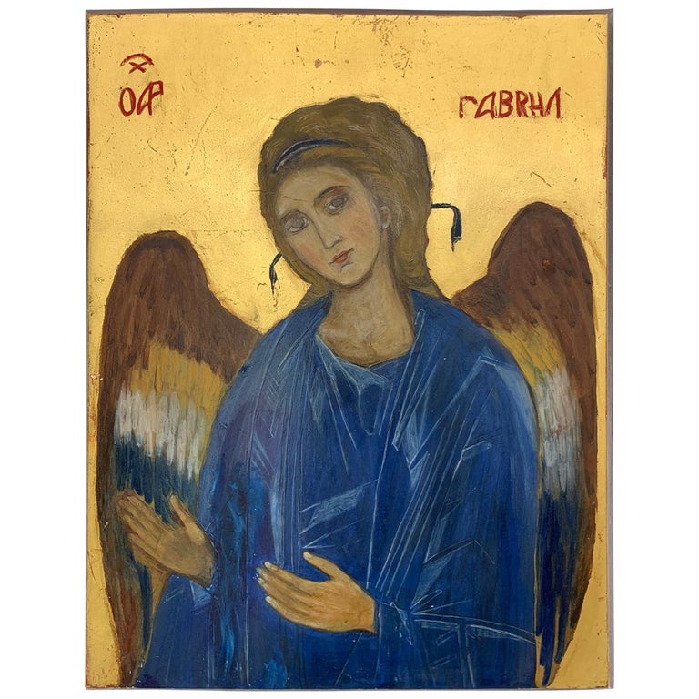 Archangel Gabriel Painted in 2000 Icon with Gold Leaf For Sale at 1stDibs