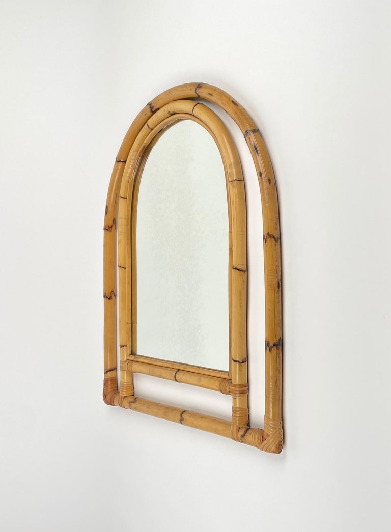 Arched Bamboo and Rattan Wall Mirror, Italy 1970s For Sale at 1stDibs
