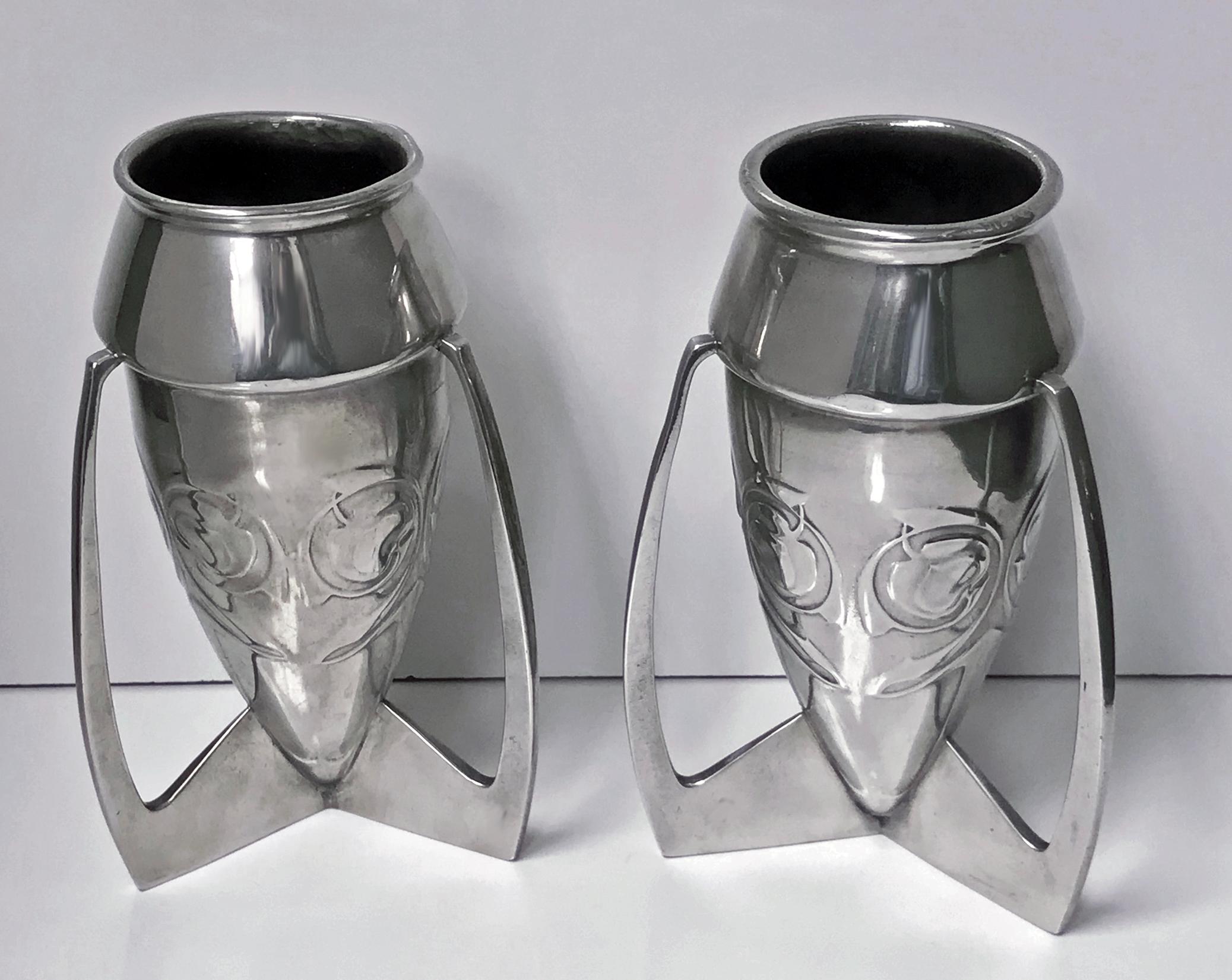 Archibald Knox Liberty and Co. Pair of Iconic Pewter Bombe Vases, circa ...