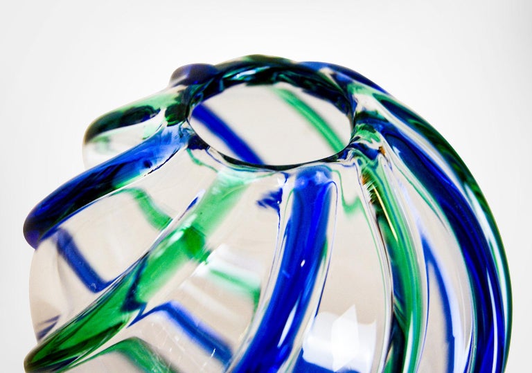 Archimede Seguso Murano Appliqué Glass Vase Blue and Green Swirl For ...