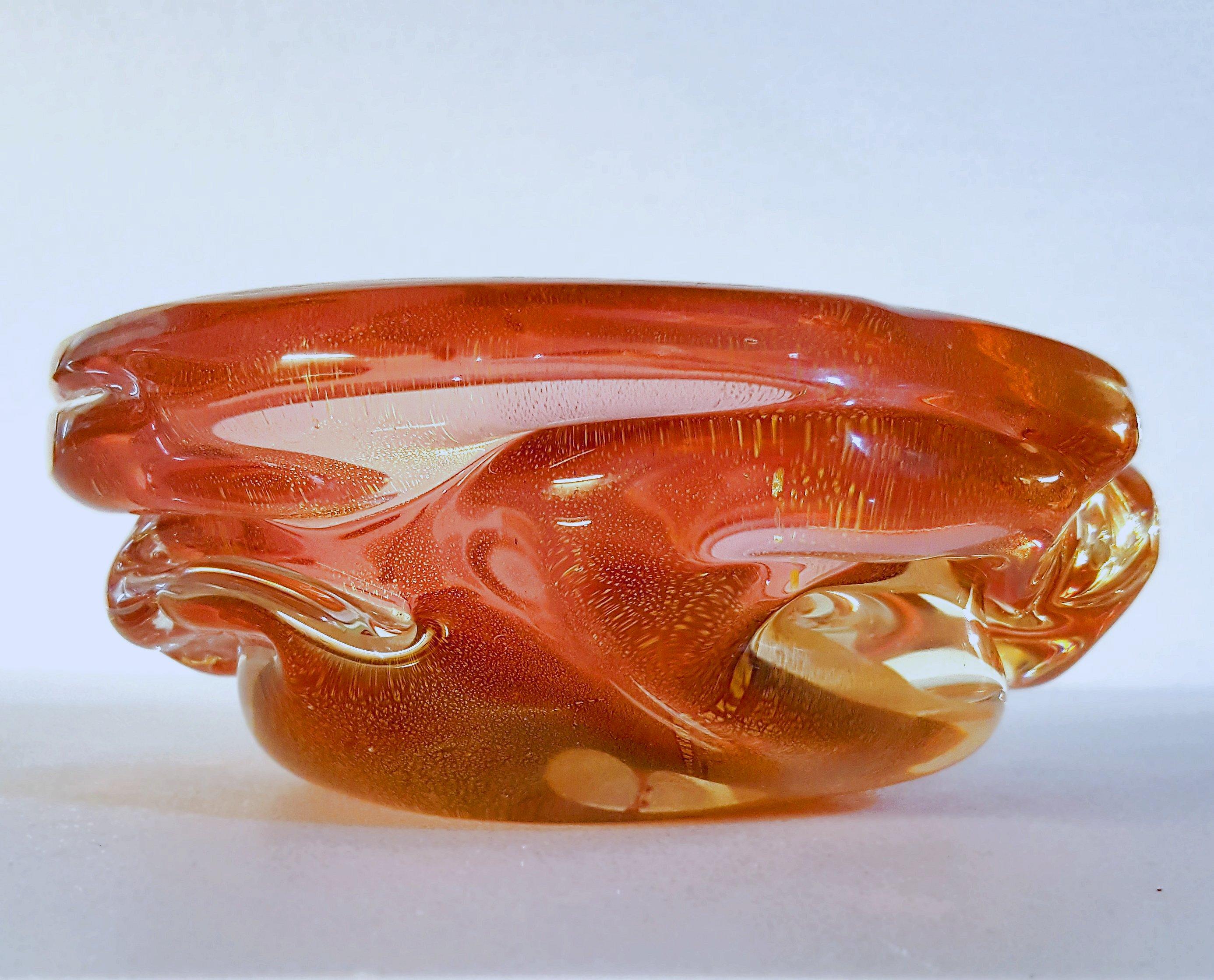 Archimede Seguso Murano Glass Bowl, A Bugne, Transparent Red with Gold ...