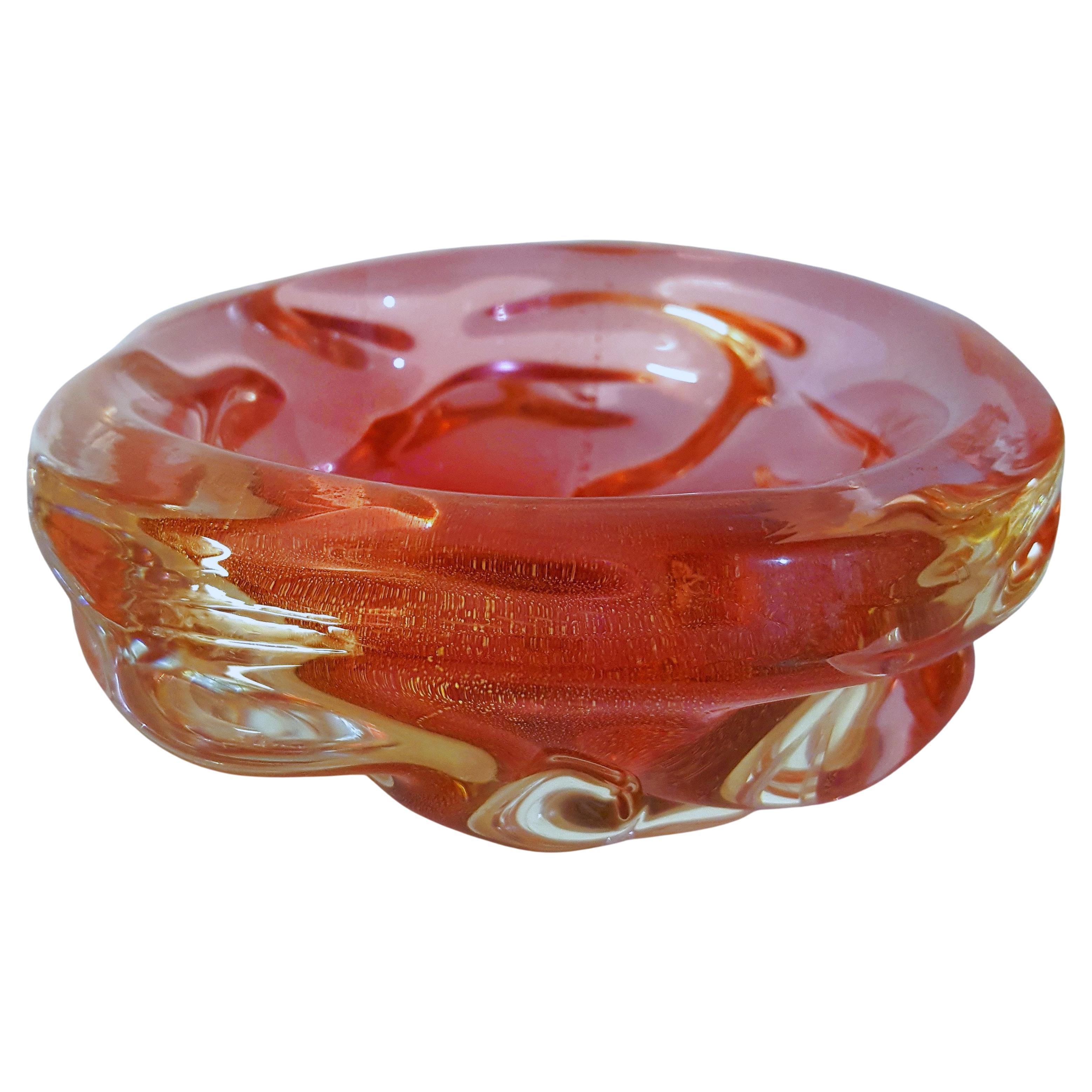 Archimede Seguso Murano Glass Bowl, A Bugne, Transparent Red with Gold ...
