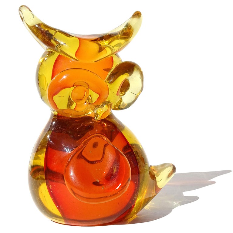 Archimede Seguso Murano Sommerso Red Orange Italian Art Glass Owl Bird Figurine For Sale At 1stdibs