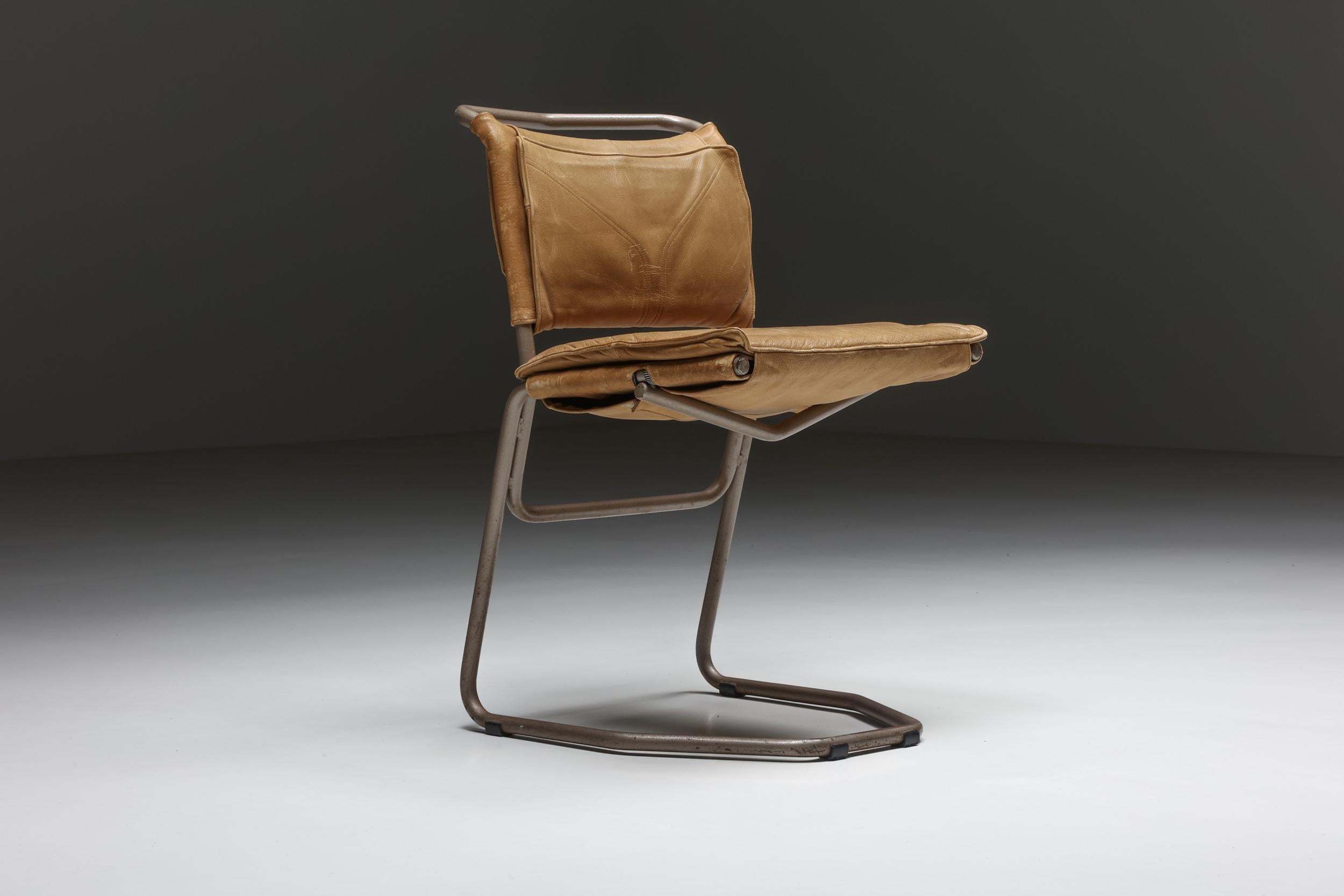 Architect Raymond Rombouts Cognac Leather, Steel Dining Chairs, Late ...