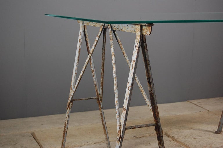 Architectural Early 20th Century Trestle Table Glass Top at 1stDibs