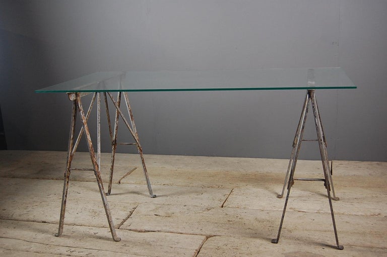 Architectural Early 20th Century Trestle Table Glass Top at 1stDibs