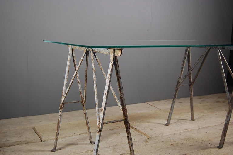 Architectural Early 20th Century Trestle Table Glass Top at 1stDibs