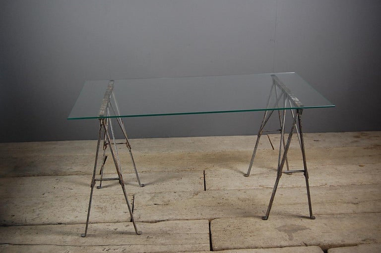 Architectural Early 20th Century Trestle Table Glass Top at 1stDibs