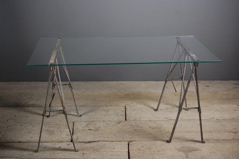 Architectural Early 20th Century Trestle Table Glass Top at 1stDibs