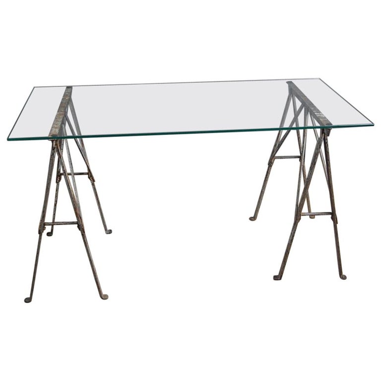 Architectural Early 20th Century Trestle Table Glass Top at 1stDibs