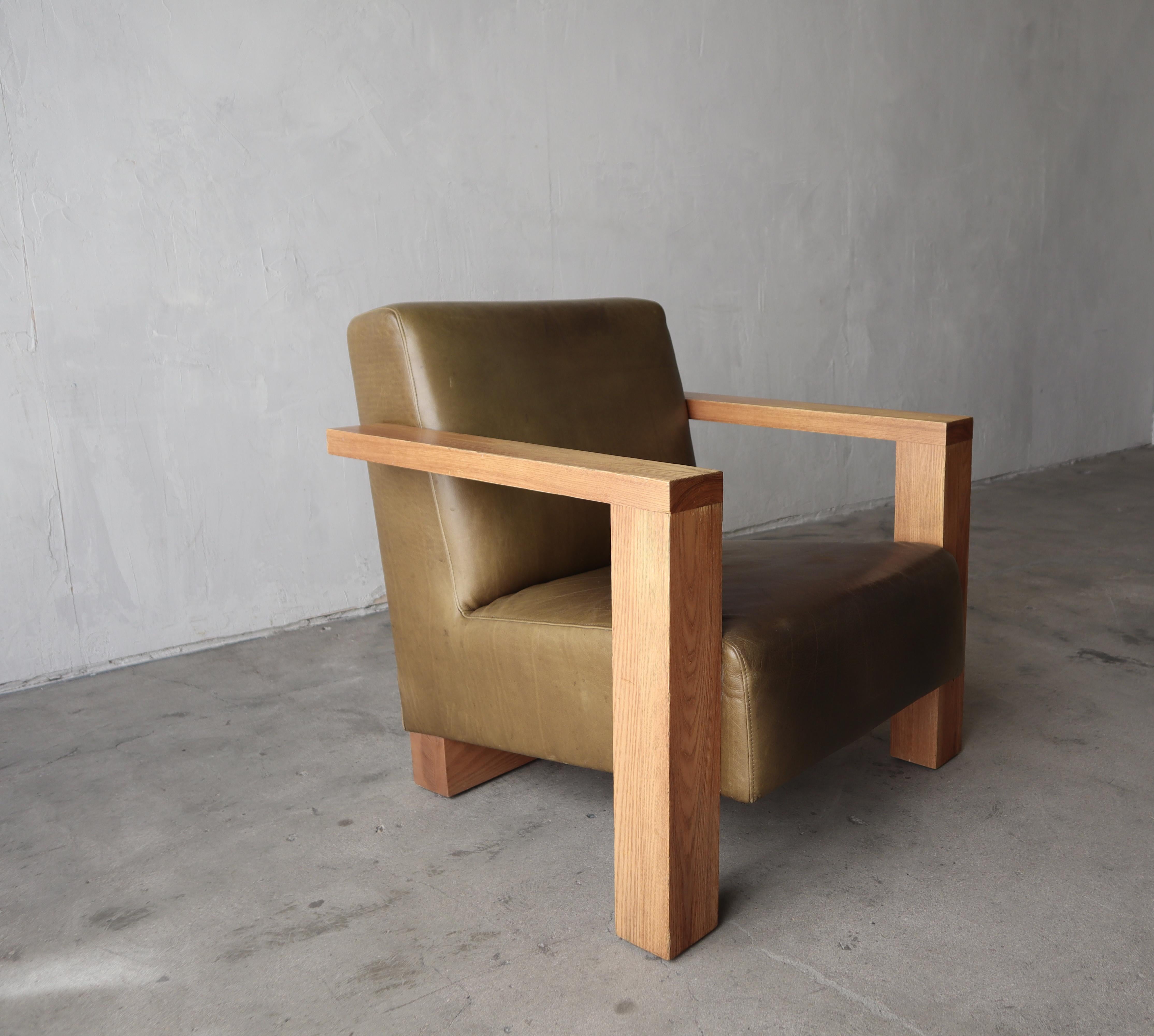 Architectural Modernist Oak and Leather Lounge Chair For Sale at 1stDibs