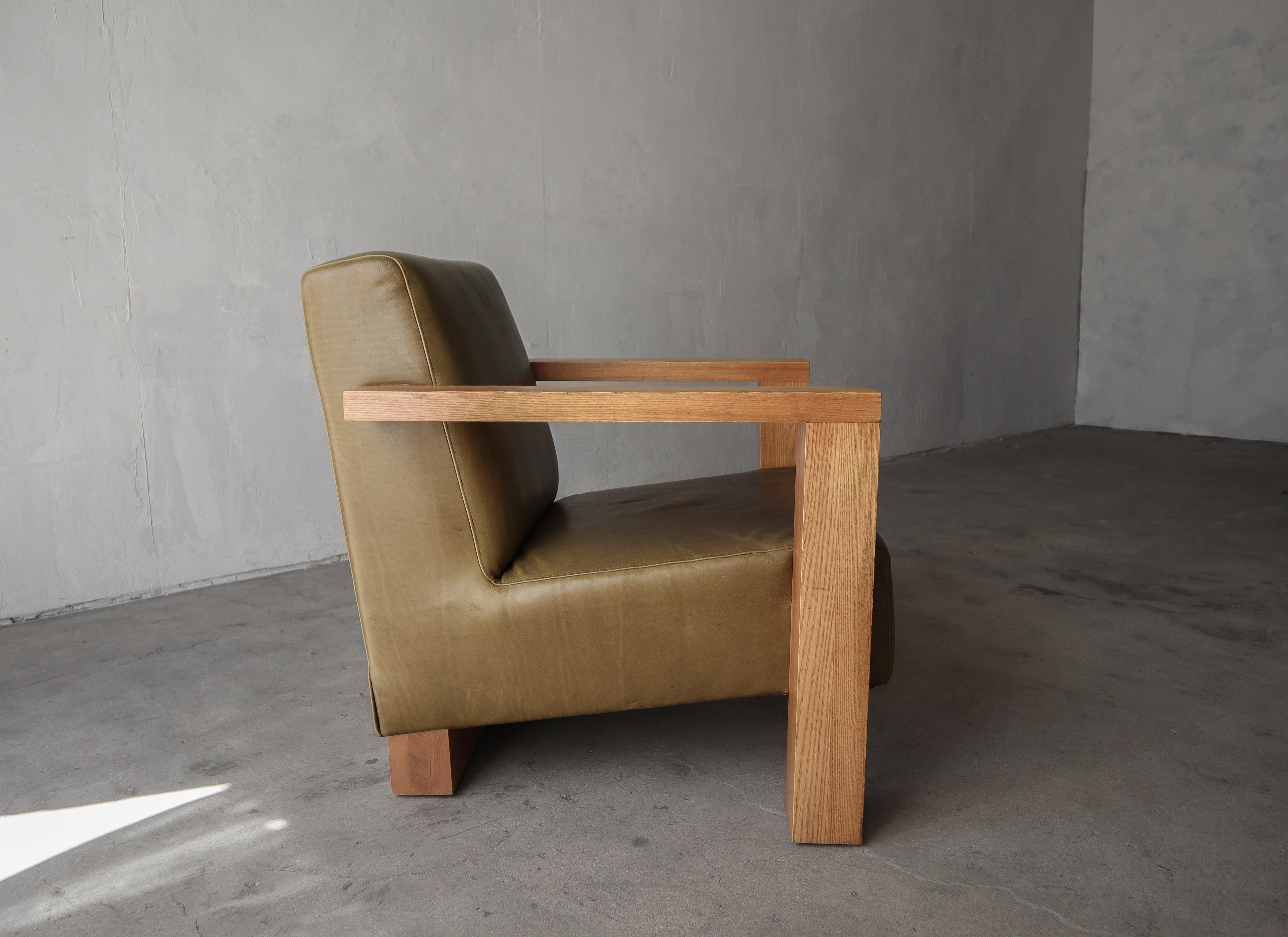 Architectural Modernist Oak and Leather Lounge Chair For Sale at 1stDibs