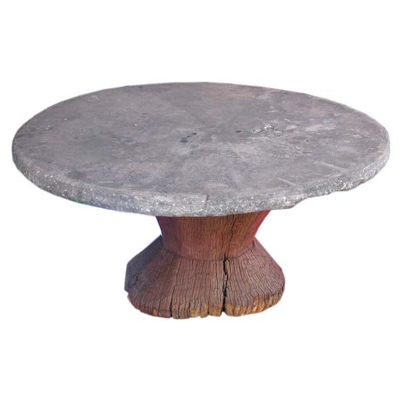 Stone top table with teak base For Sale at 1stDibs